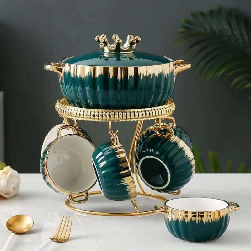 Royal Ceramic Serving Set With Golden Stand | Adornia