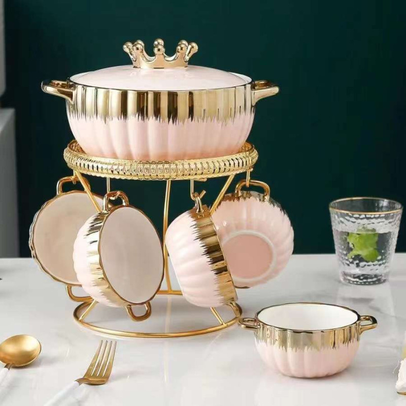 Royal Ceramic Serving Set With Golden Stand | Adornia