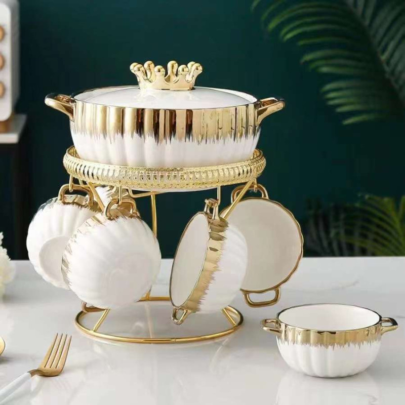 Royal Ceramic Serving Set With Golden Stand | Adornia